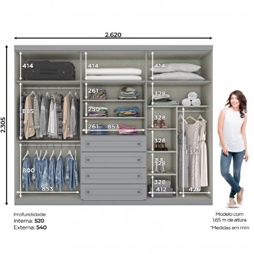 Guarda Roupa 6 Pts Henn Americano D205131 c/ 4 GV Cinza